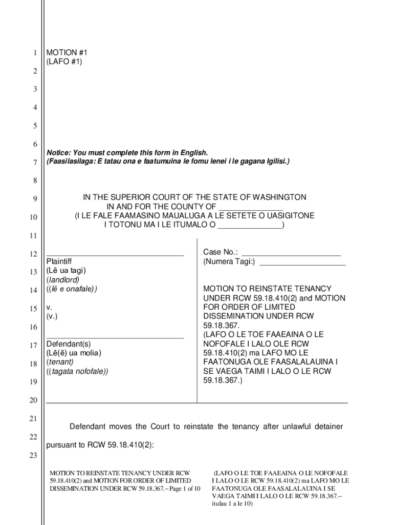 Fillable Online LAFO O LE TOE FAAEAINA O LE NOFOFALE I LALO O LE RCW ...