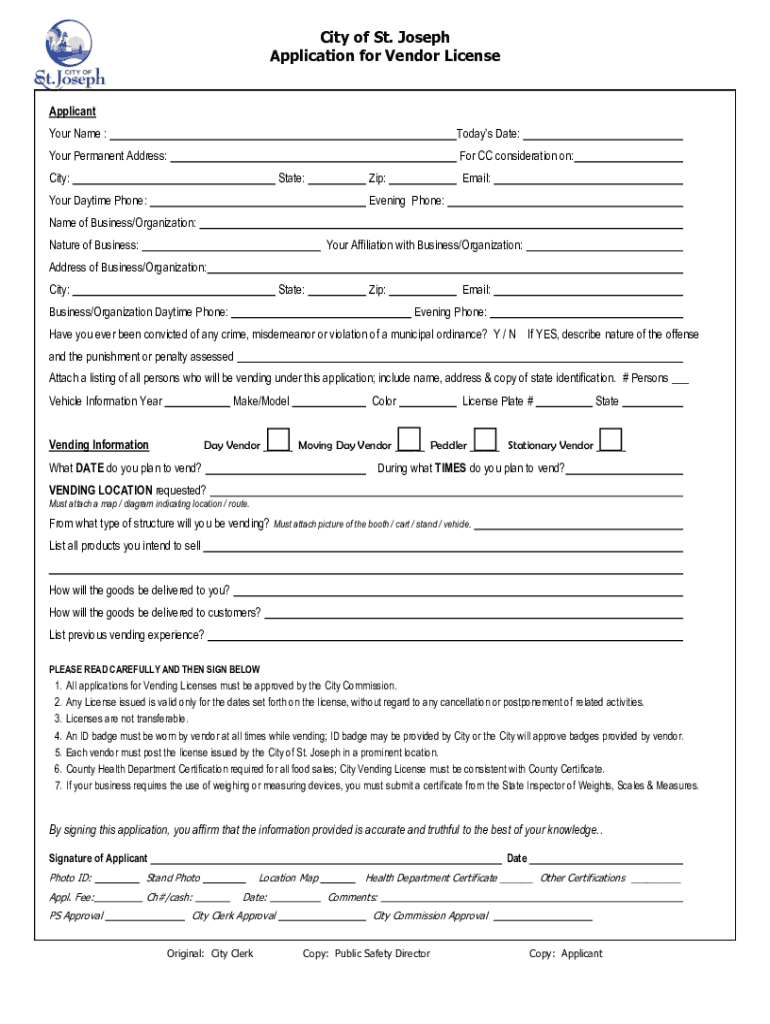 Fillable Online City of St. Joseph Application for Vendor License Fax ...
