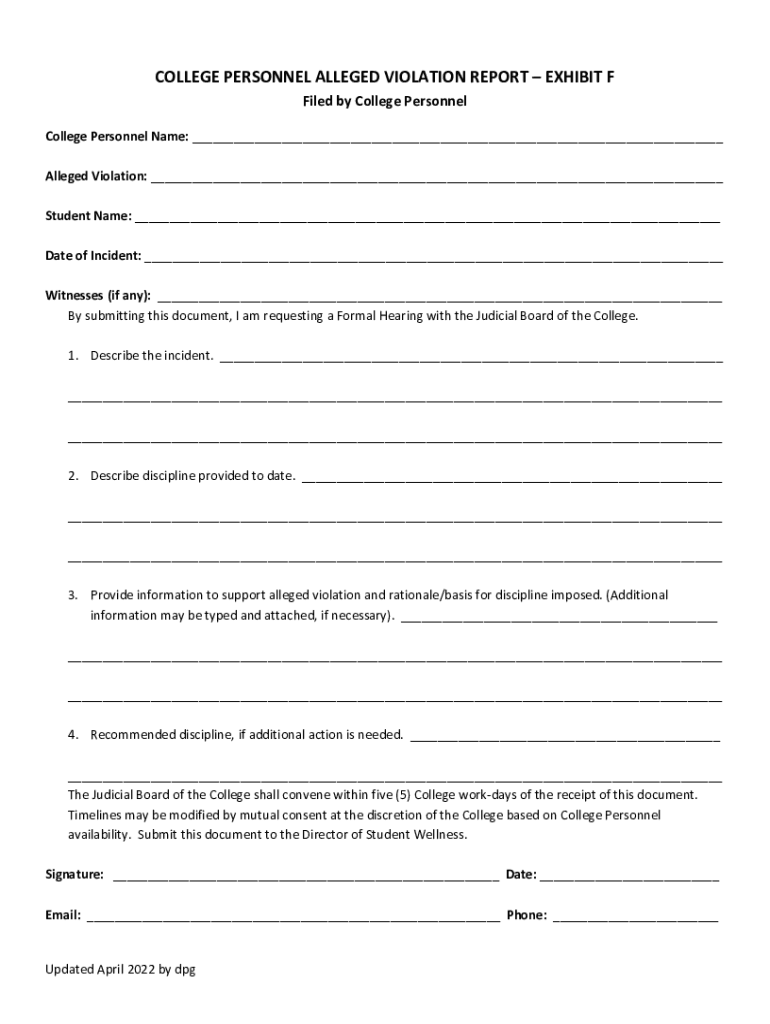 Fillable Online College Personnel Alleged Violation Report Fax Email ...