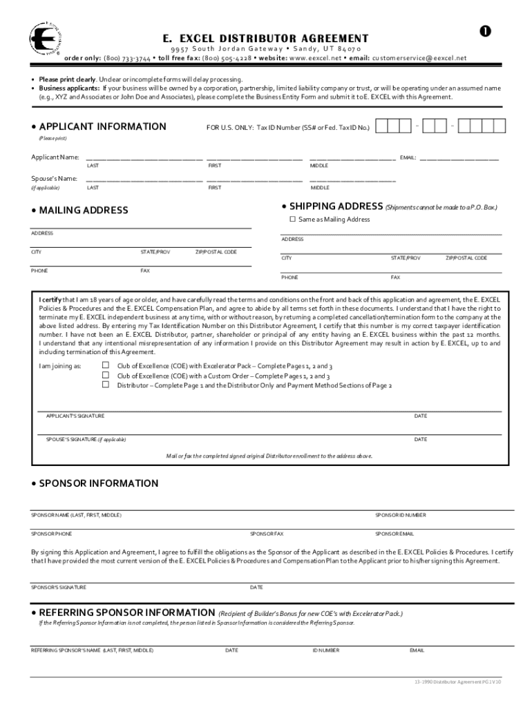 Fillable Online E. EXCEL DISTRIBUTOR AGREEMENTAPPLICANT ... Fax Email Print - pdfFiller