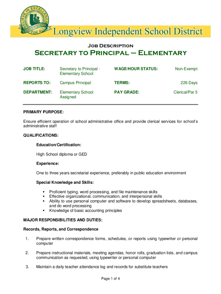 Fillable Online w3 lisd Secretary to Principal (HS) Days Employed: 226 Reports to Fax Email ...