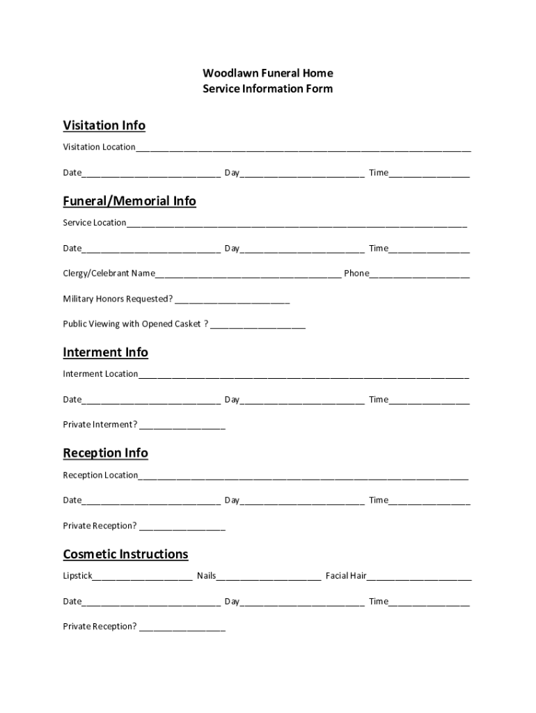 Fillable Online Woodlawn Funeral Home Service Information Form Fax ...