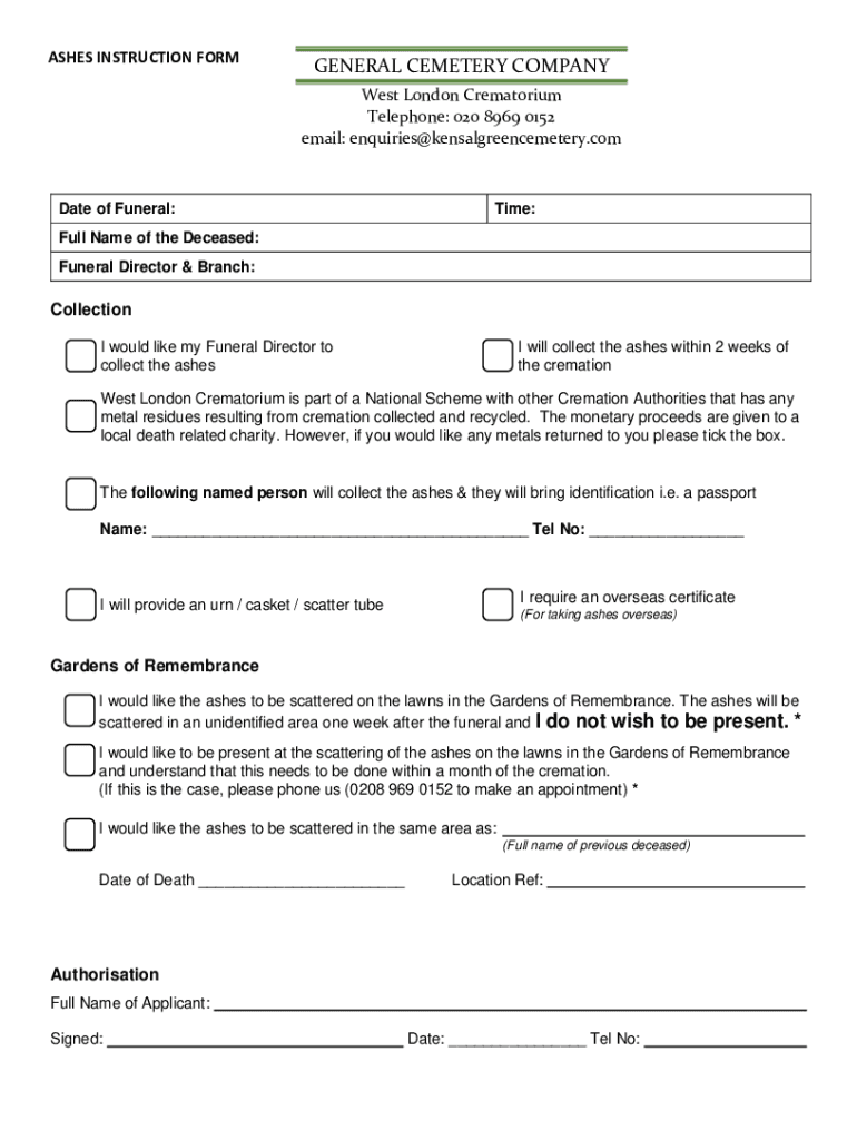 Fillable Online Ashes Instruction Form - London Fax Email Print - pdfFiller