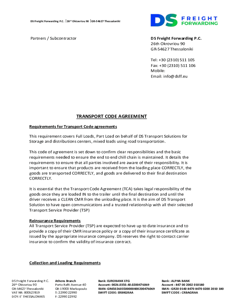 Fillable Online TRANSPORT CODE AGREEMENT Fax Email Print - pdfFiller