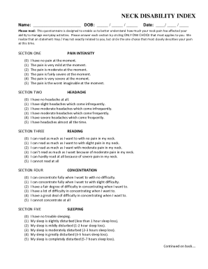 Fillable Online Neck Pain Disability Index Questionnaire Fax Email ...