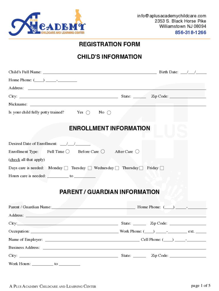 Fillable Online A Plus Academy Childcare and Learning Center - Welcome ...