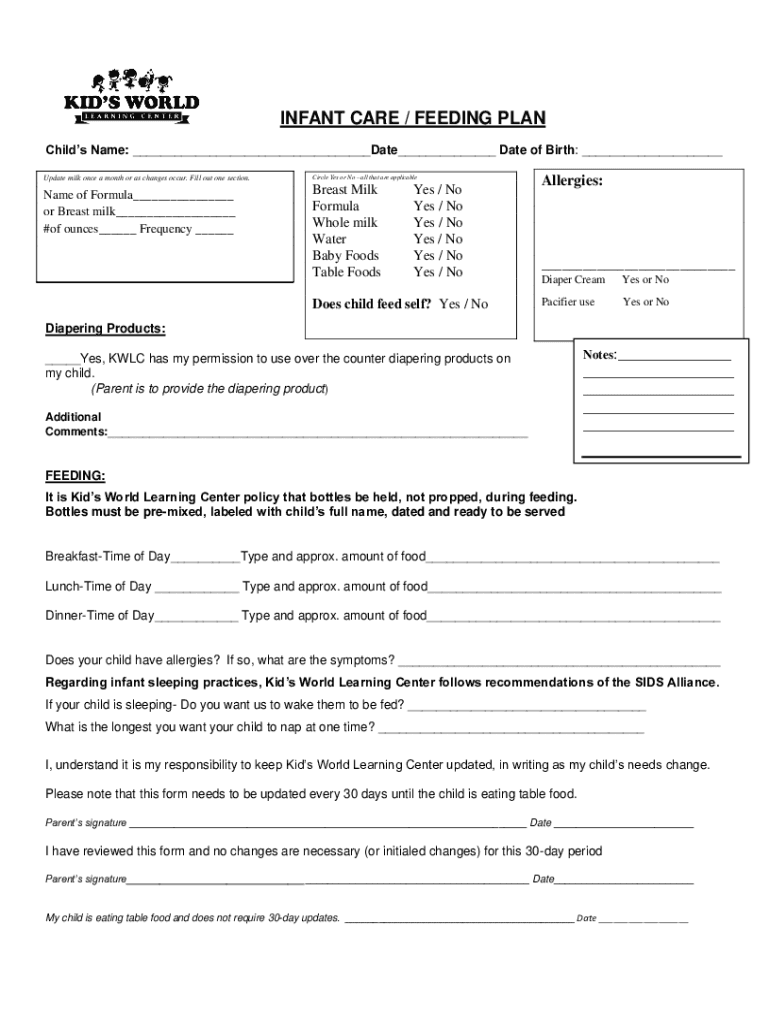 Fillable Online INFANT CARE / FEEDING INSTRUCTION SHEET Fax Email Print ...