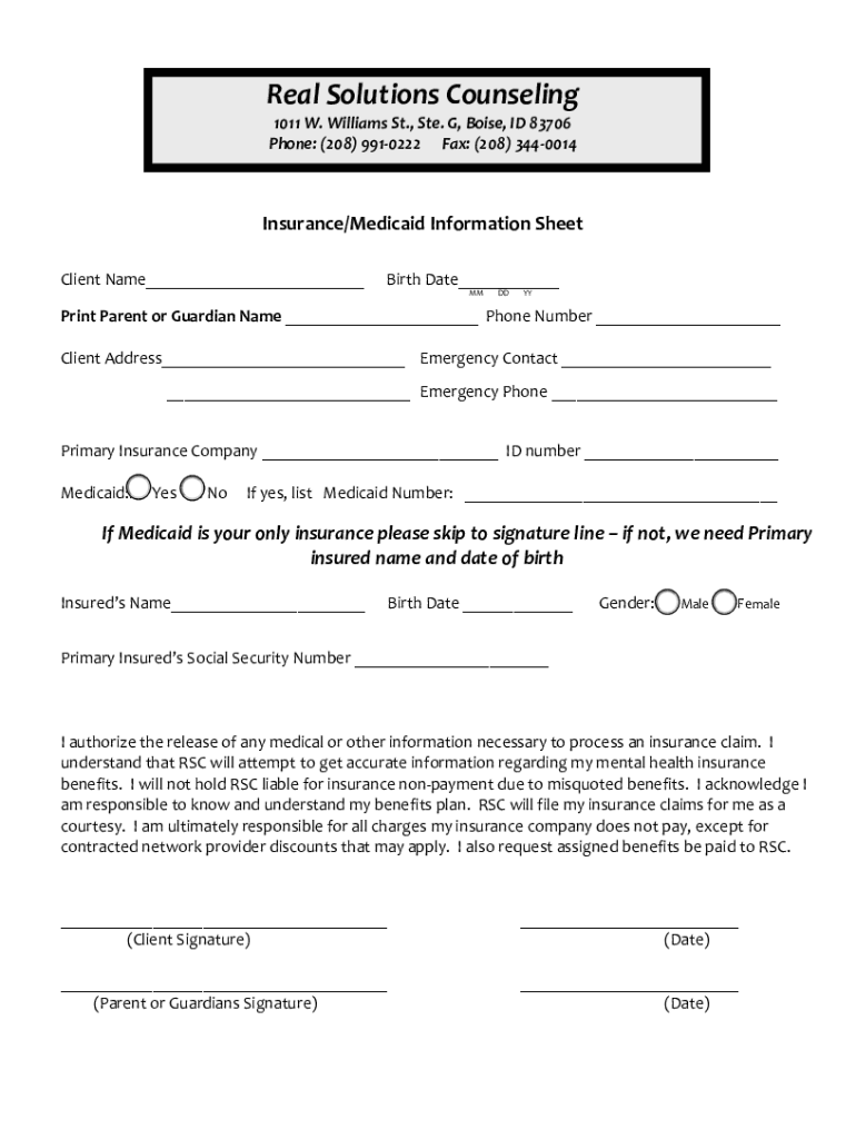 Fillable Online Insurance/Medicaid Information Sheet Fax Email Print ...