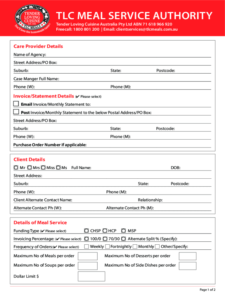 Fillable Online Tender Loving Cuisine: Healthy Meals Delivered Fax ...