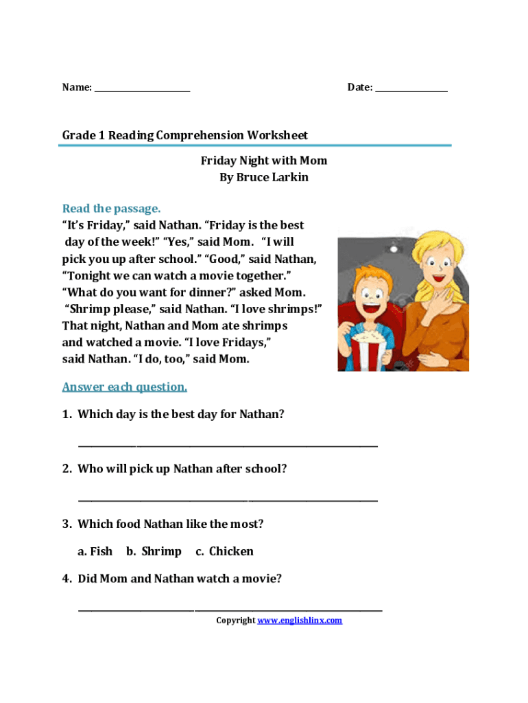 Fillable Online Grade 1 Reading Comprehension Worksheet Friday Night ...