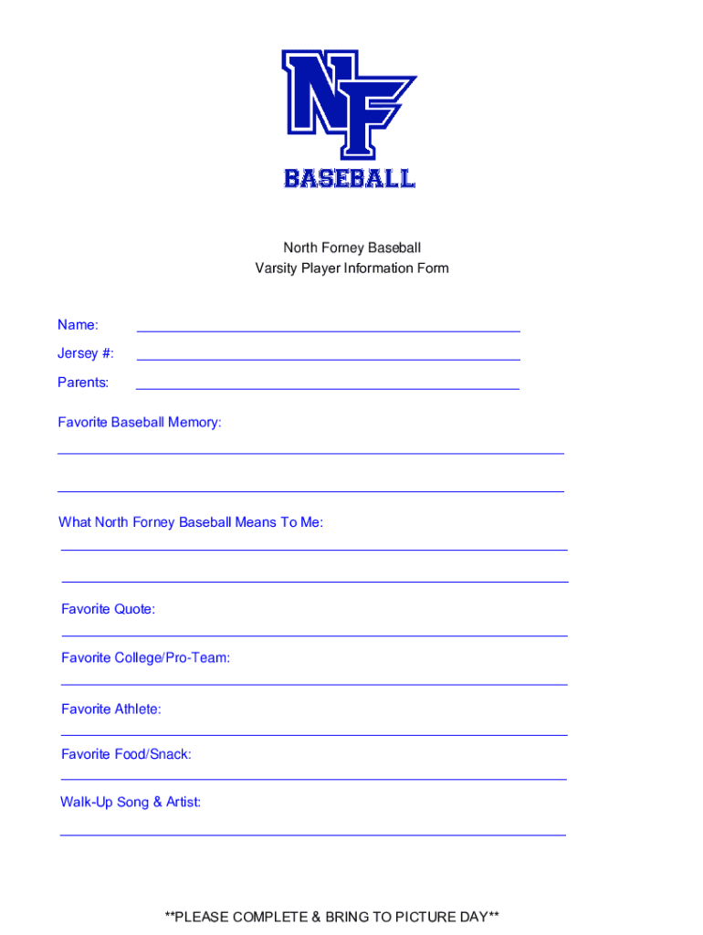 Fillable Online North Forney Baseball Varsity Player Information Form ...