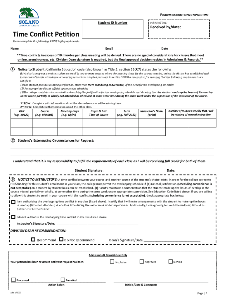 Fillable Online Fillable Online arc losrios Example of Time Conflict ...