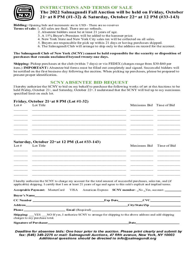 Fillable Online 2022 Fall Auction Absentee Bidding Form Fax Email Print ...