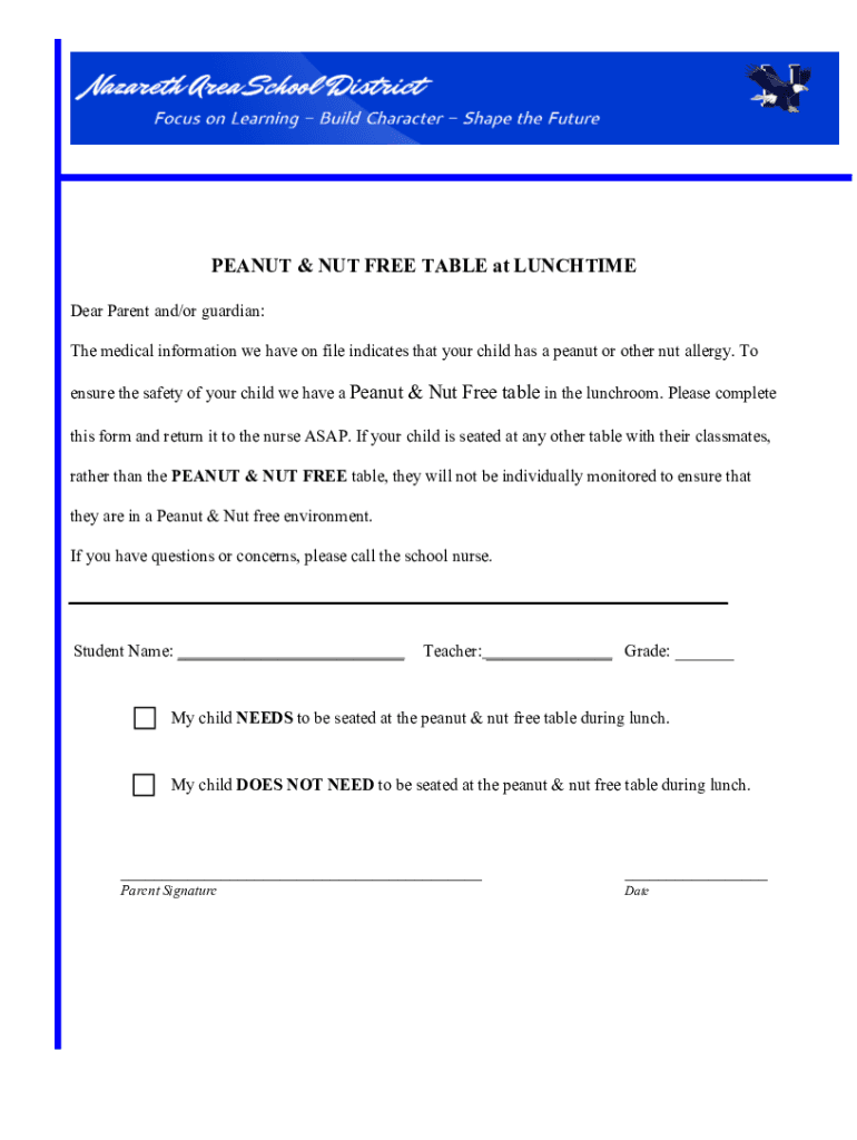 Fillable Online Nut free table option form.docx Fax Email Print - pdfFiller