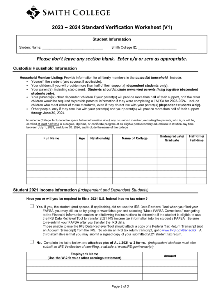 Fillable Online 20232024 Standard Verification Worksheet (V1) Please ... Fax Email Print - pdfFiller