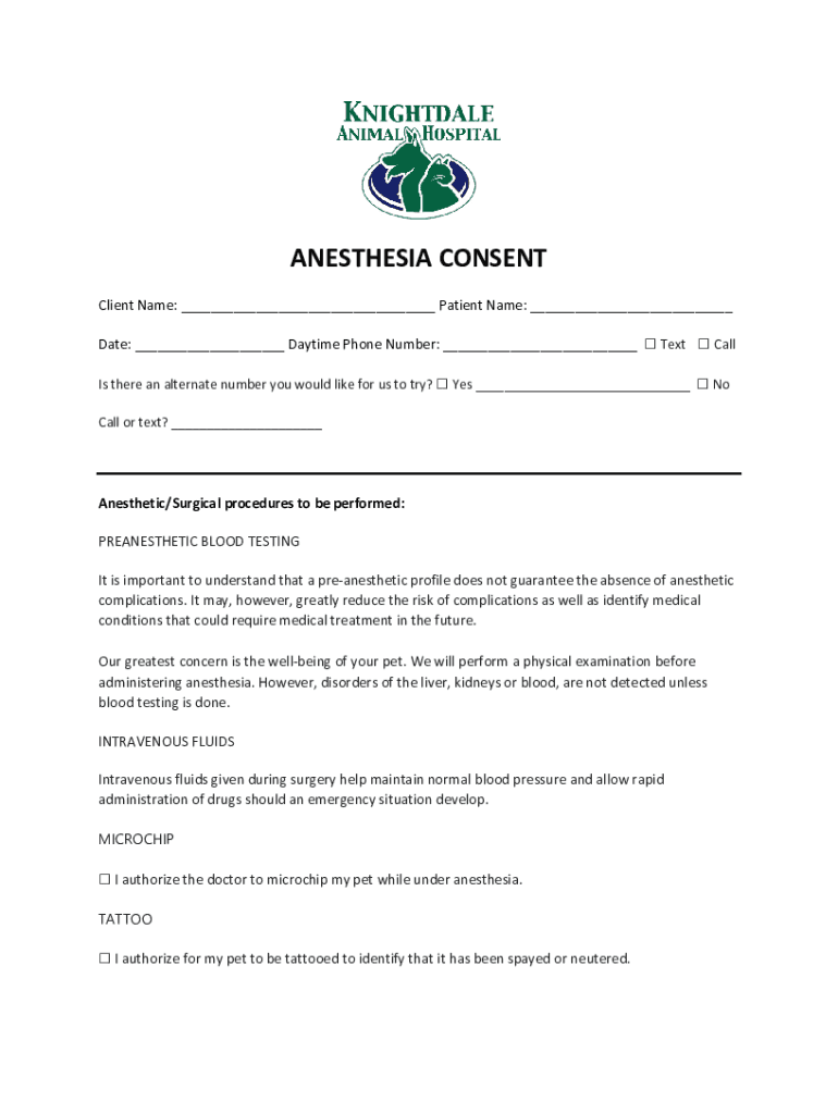 Fillable Online Anesthesia Consent FormAmerican Animal Hospital Fax ...