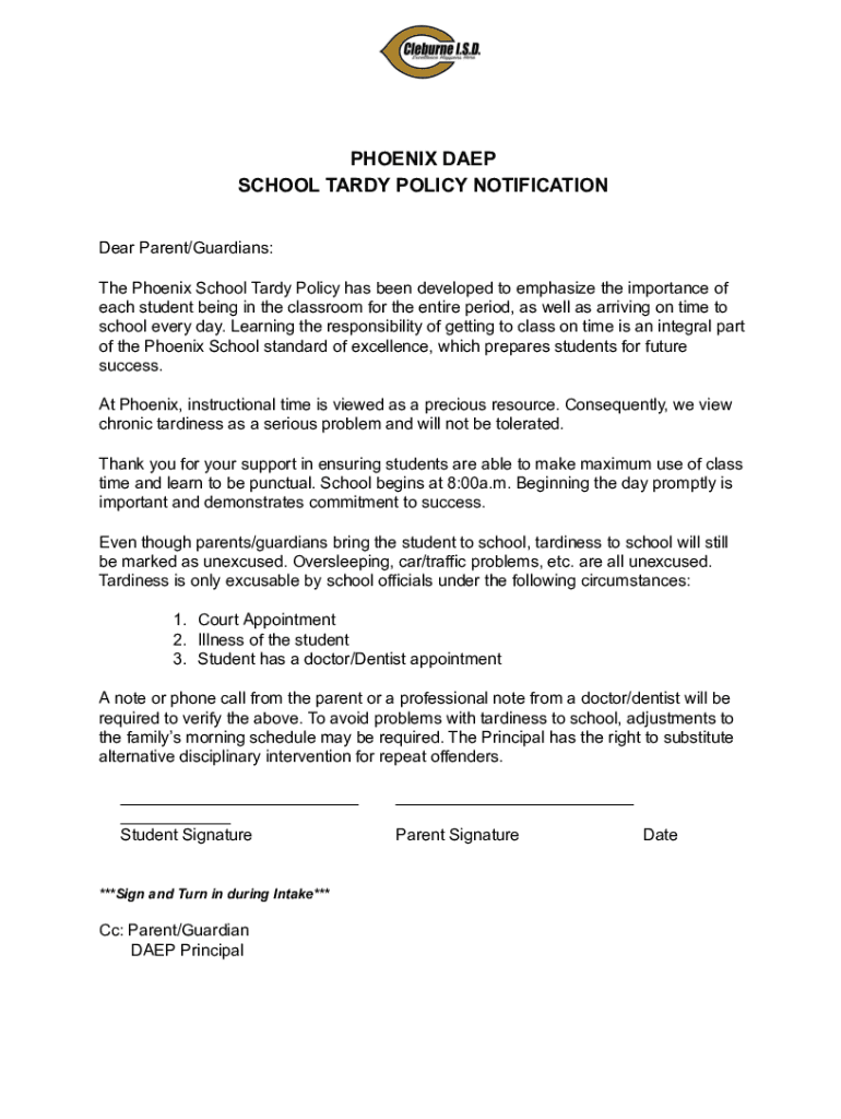 Fillable Online PHOENIX DAEP SCHOOL TARDY POLICY NOTIFICATION Fax Email ...
