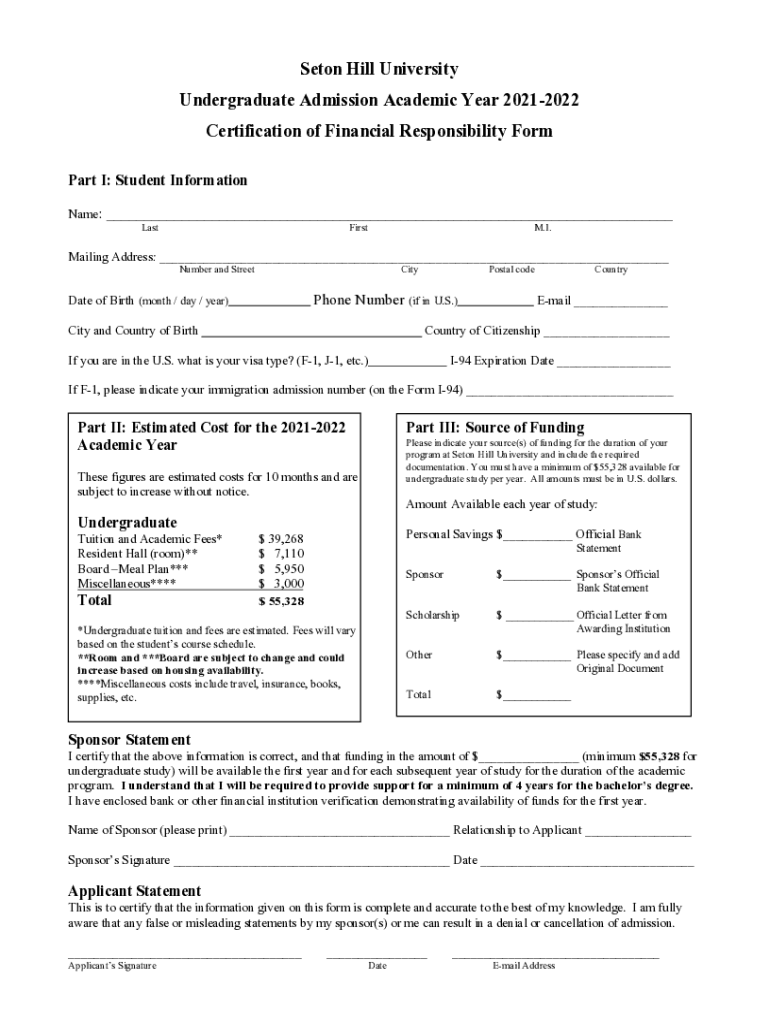 Fillable Online Seton Hill University Undergraduate Admission Academic ...