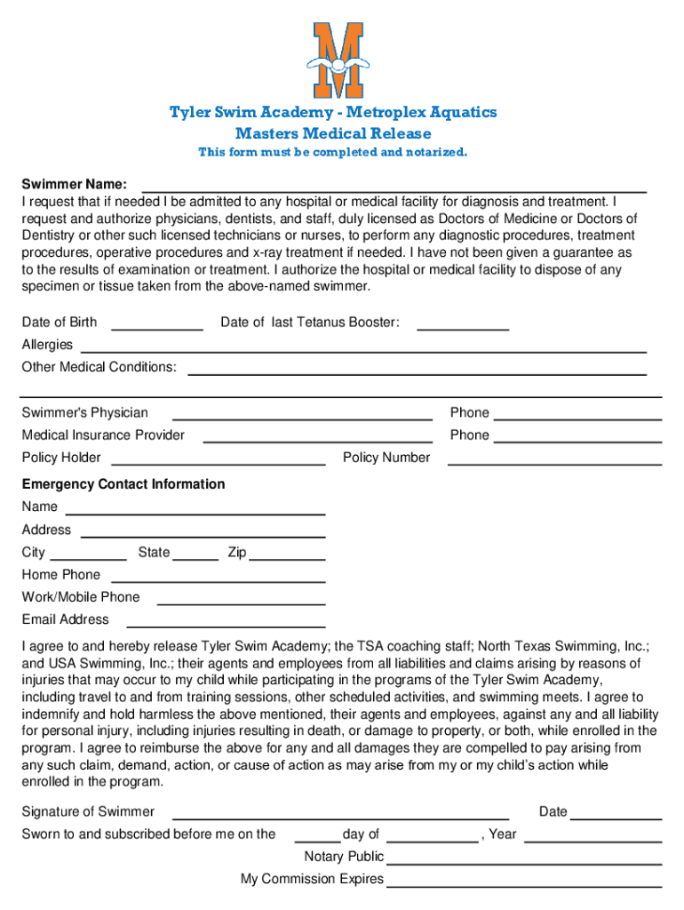 Fillable Online Tyler Swim Academy - Metroplex Aquatics Masters Medical ... Fax Email Print ...