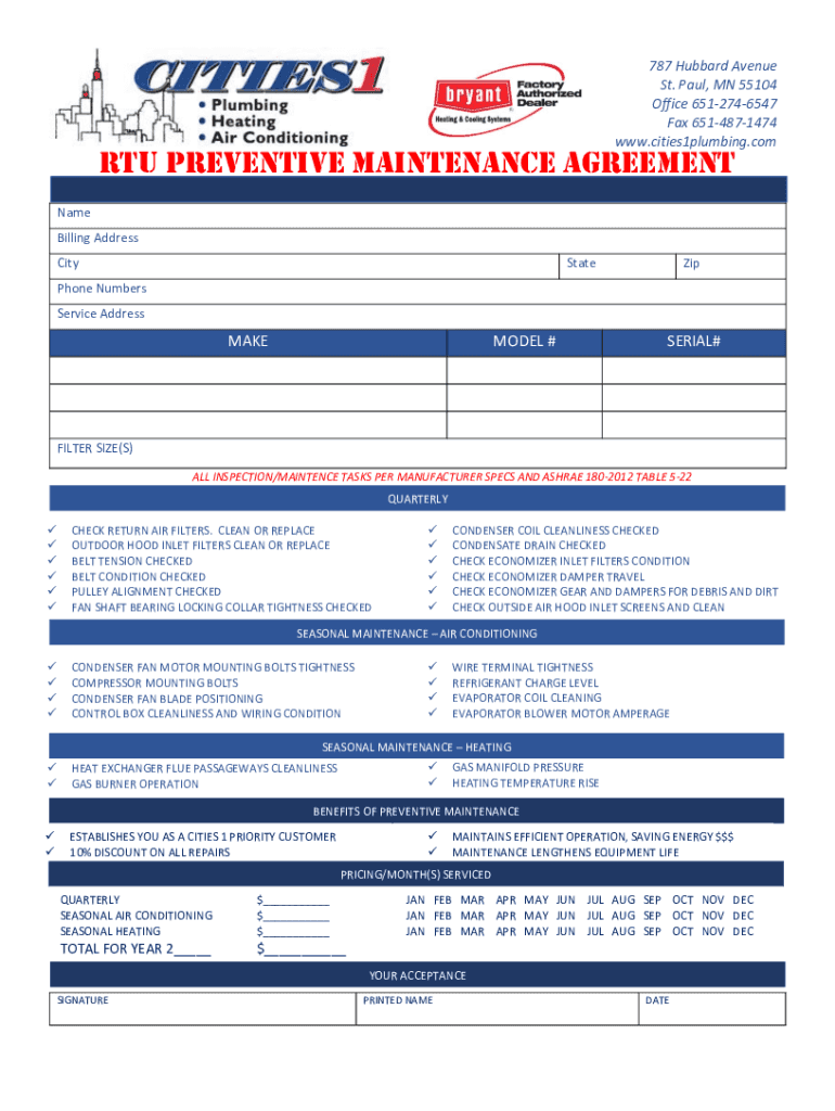 Fillable Online rtu PREVENTIVE MAINTENANCE AGREEMENT Fax Email Print ...