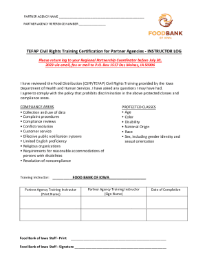 Fillable Online TEFAP & CSFP Civil Rights Training Certification Log ...