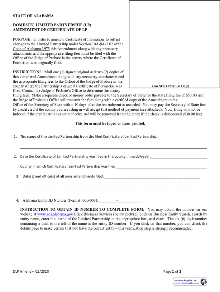 Fillable Online Domestic Limited Partnership (LP) Amendment of ...