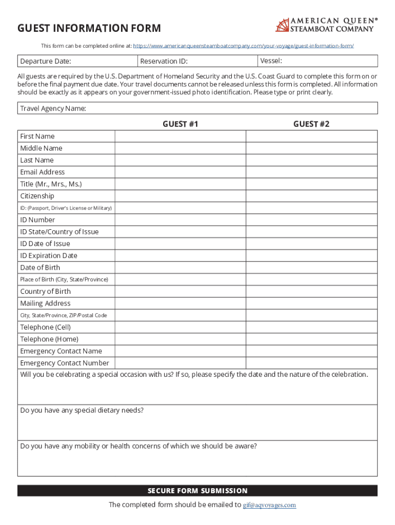 Fillable Online guest information form guest #1 guest #2 - American ...