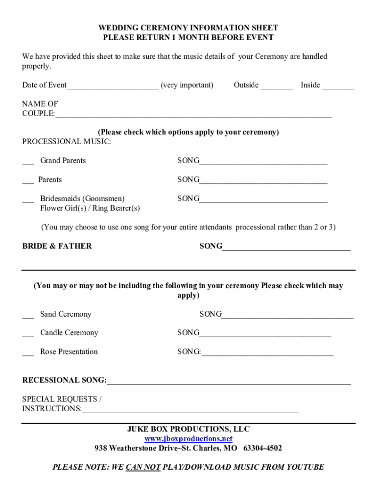 Fillable Online Wedding Ceremony Information Sheet Fax Email Print ...