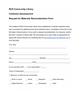 Fillable Online Collection Development Request for Reconsideration of Material Form Fax Email ...