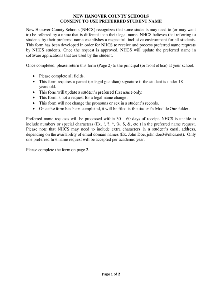 Fillable Online new hanover county schools consent to use preferred student ... Fax Email Print ...
