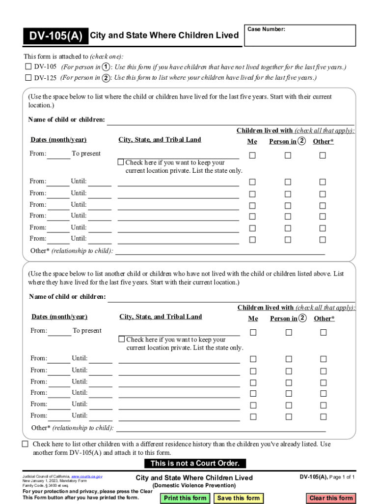 Fillable Online DV-105(A) City and State Where Children Lived. Judicial ...