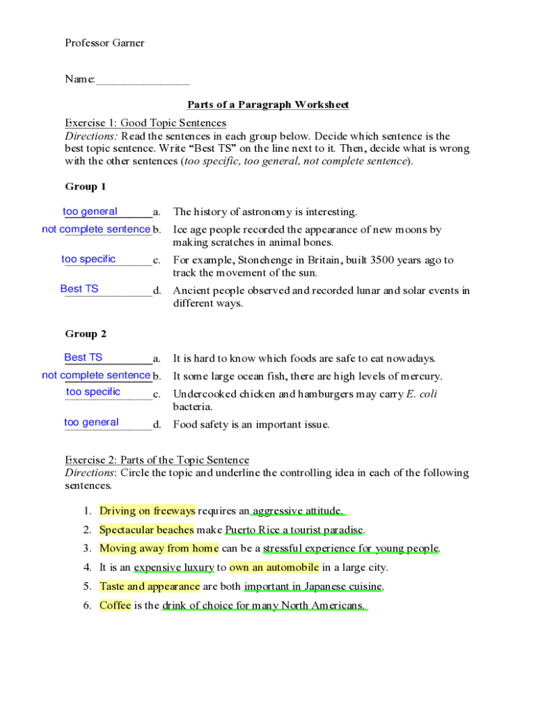 Fillable Online Parts of a Paragraph Worksheet Exercise 1: Good Topic ... Fax Email Print ...