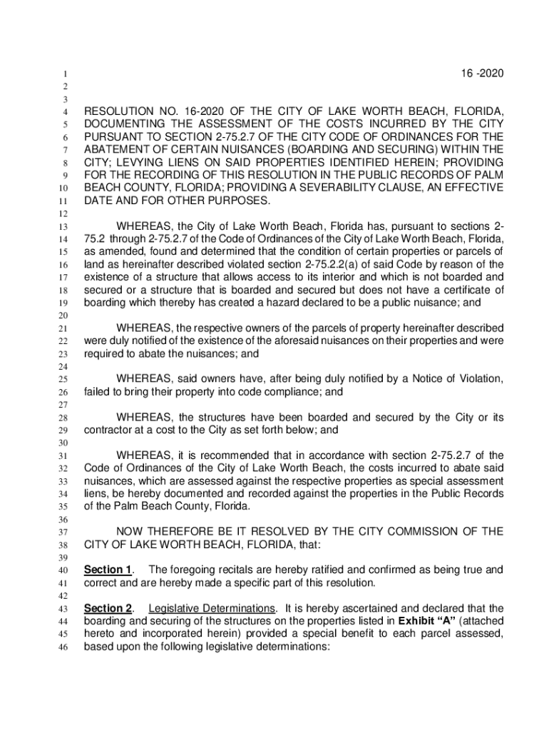 Fillable Online 2020 RESOLUTION NO. 16-2020 OF THE CITY OF LAKE ... Fax ...