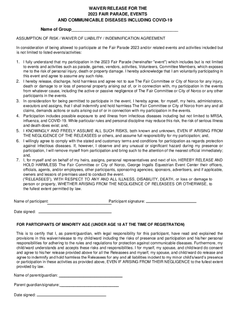 Fillable Online waiver/release for communicable diseases including ...