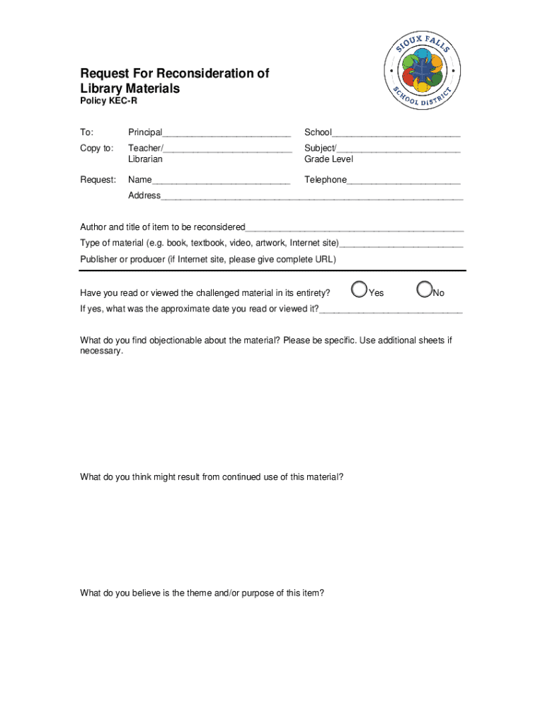 Fillable Online Request for Reconsideration of Library Materials: Fax Email Print - pdfFiller