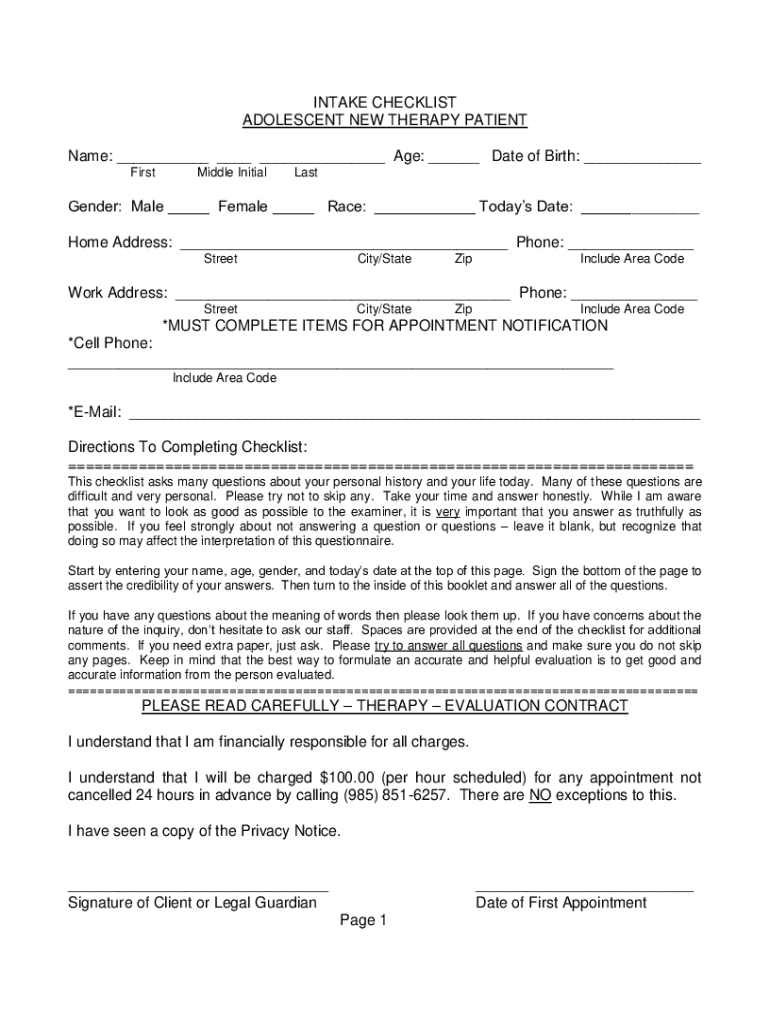 Fillable Online Intake Checklist Adolescent Fax Email Print - pdfFiller
