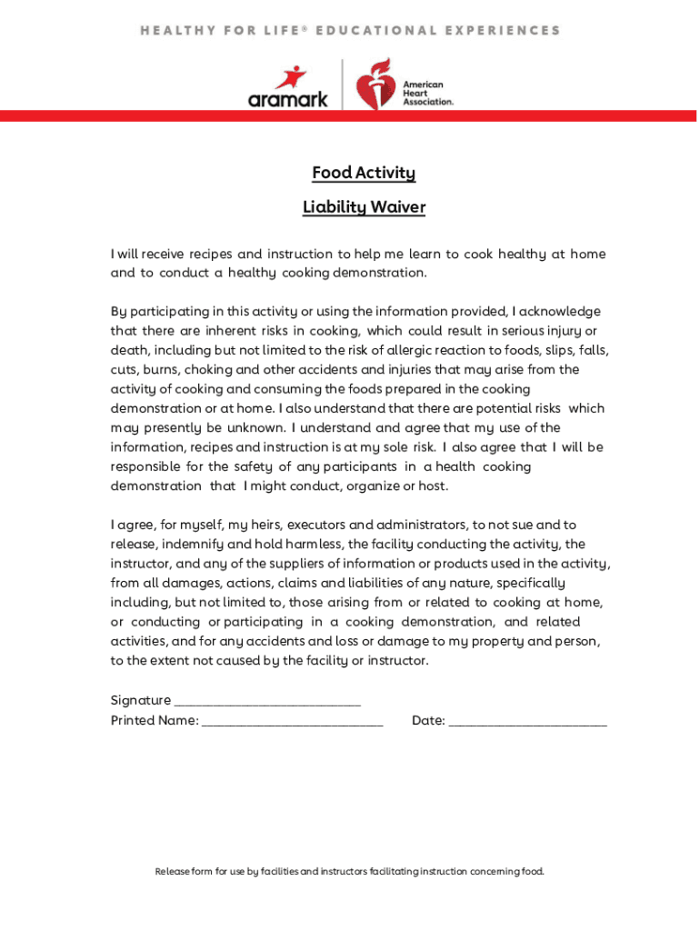 Fillable Online Healthy for Life - Cooking Liability Waiver Fax Email ...