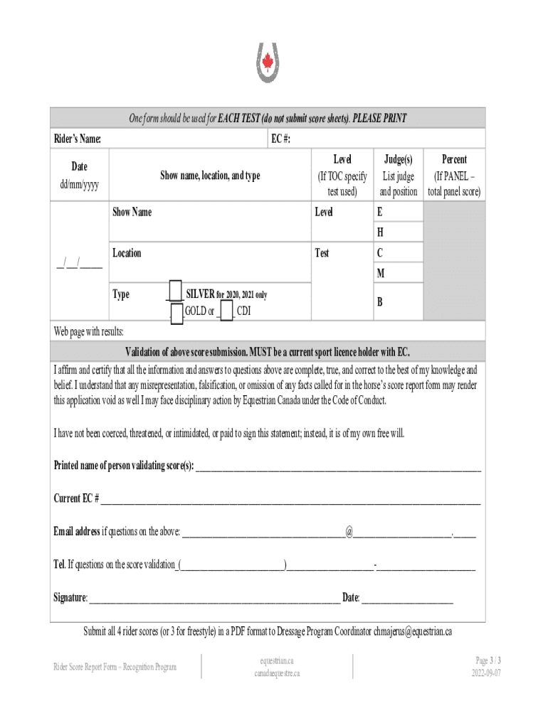 Fillable Online RIDER SCORE REPORT FORMRECOGNITION ... Fax Email Print ...