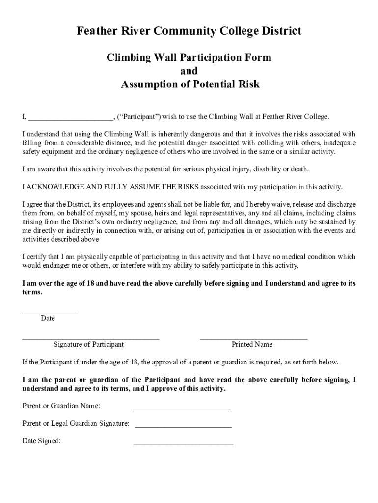 Fillable Online Climbing Wall Participation Form and Assumption of ...
