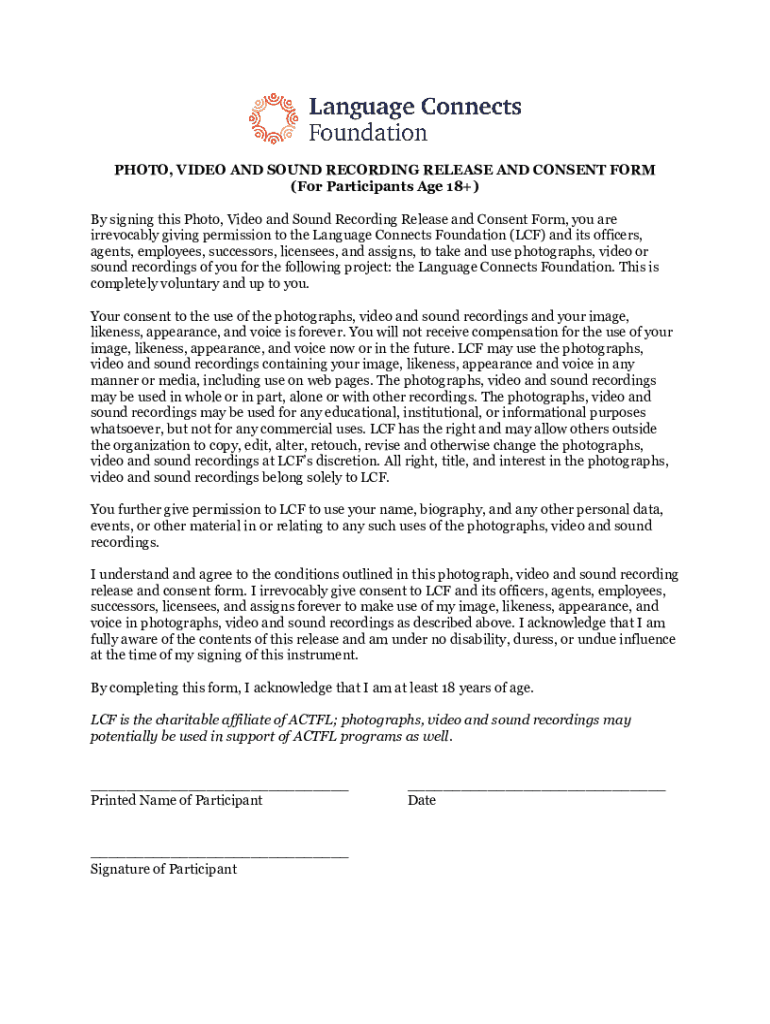 Fillable Online photo, video and sound recording release and consent ...