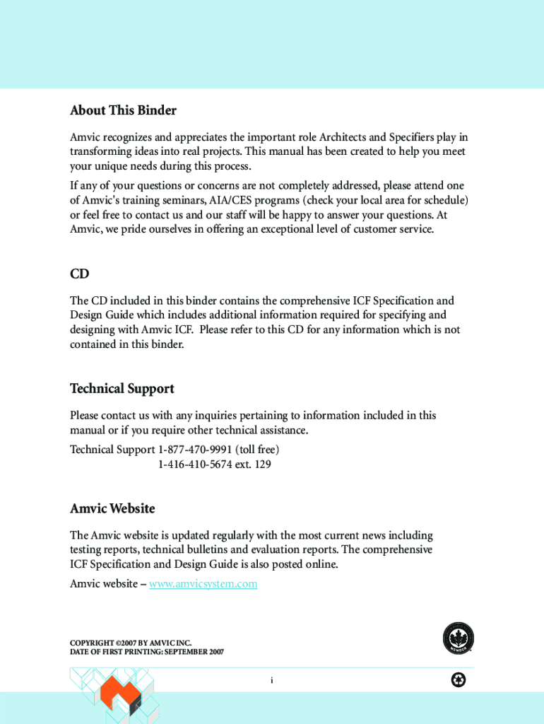 Fillable Online About This Binder CD Technical Support Amvic Website ...