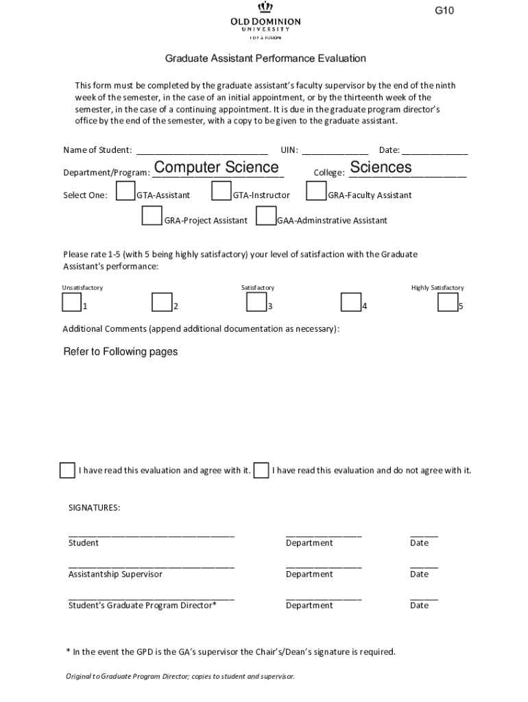 Fillable Online Graduate Assistant Performance Evaluation Student's Name Fax Email Print - pdfFiller