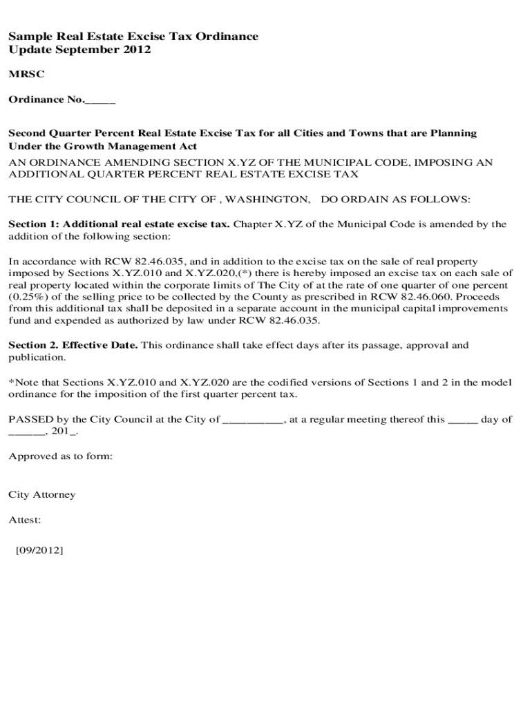 Fillable Online Sample Real Estate Excise Tax Ordinance Update ... Fax ...