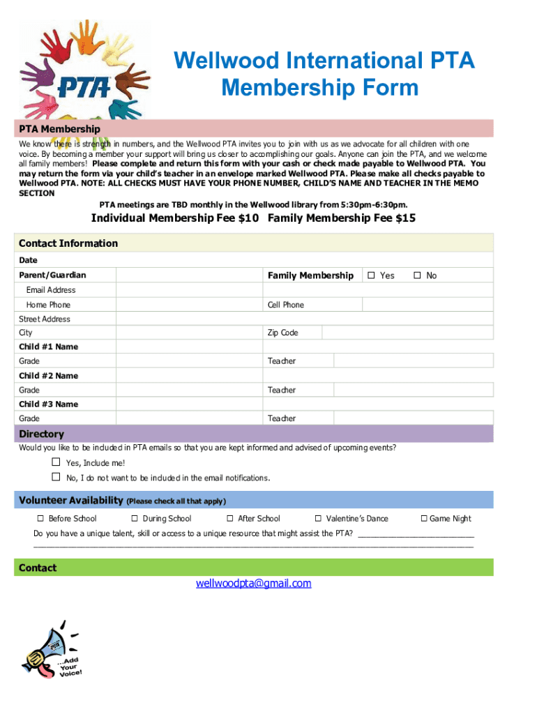 Fillable Online Wellwood International PTA Membership Form Fax Email ...