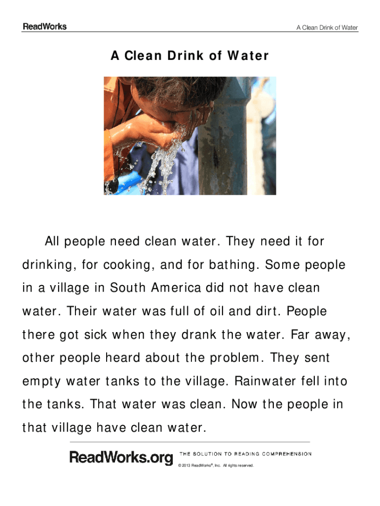 Fillable Online A Clean Drink of Water, First Grade Reading Passage Fax ...