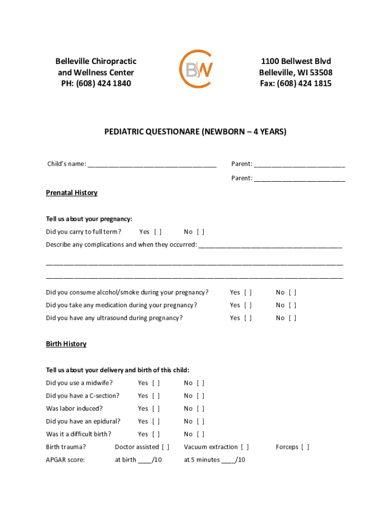 Fillable Online Pediatric Questionnaire (newborn-4 years) Fax Email ...