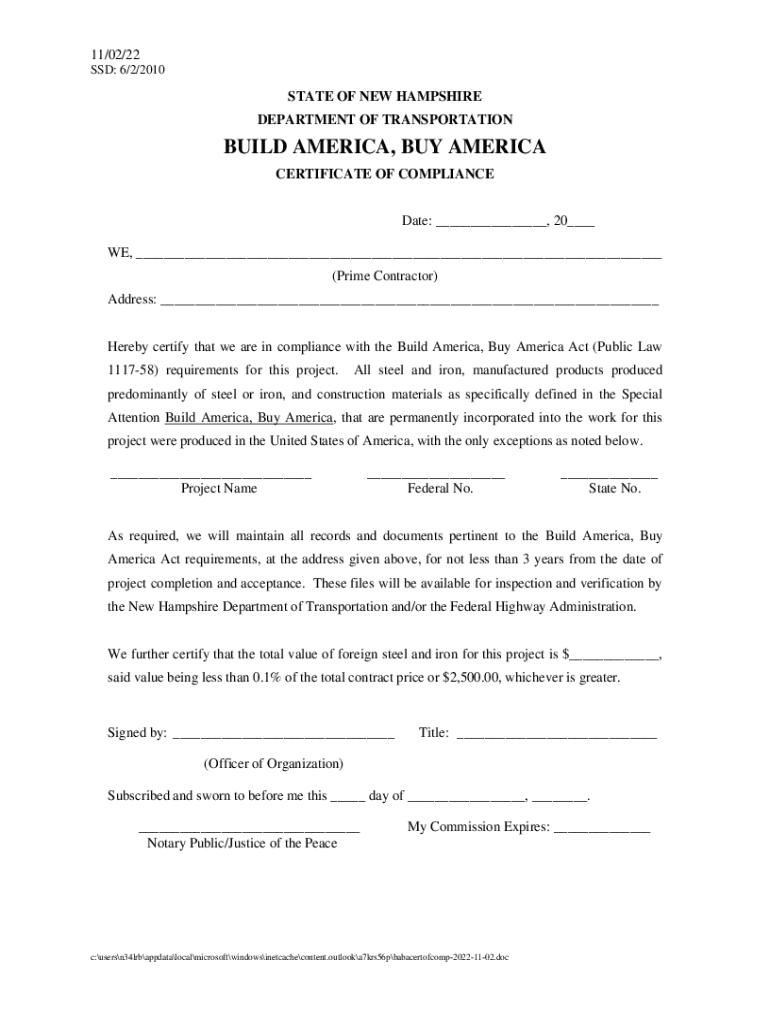 Fillable Online certificate-of-compliance-rev-for-baba-2022-11-08-ada ...