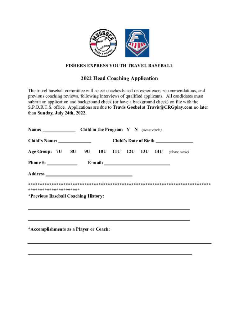 Fillable Online Fishers and HSE Travel Baseball Coaches Guide - Ngin ...