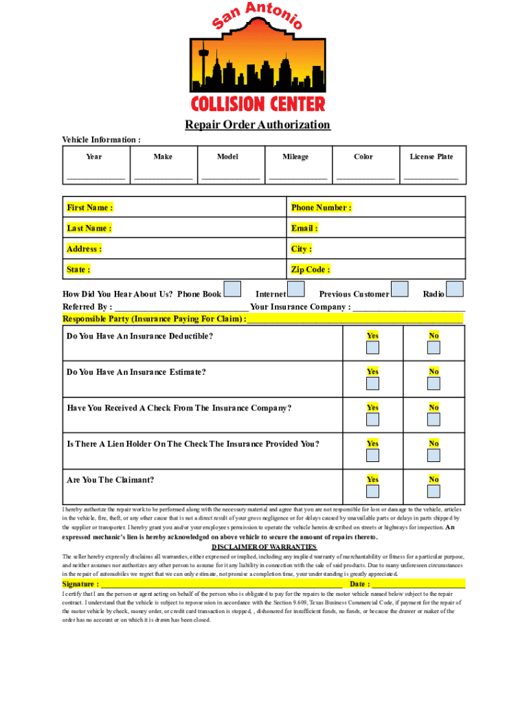 Fillable Online Repair Order Authorization Fax Email Print - pdfFiller