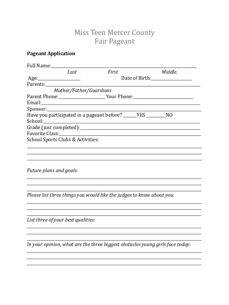 Fillable Online Miss Teen Mercer County Fair Pageant Fax Email Print ...